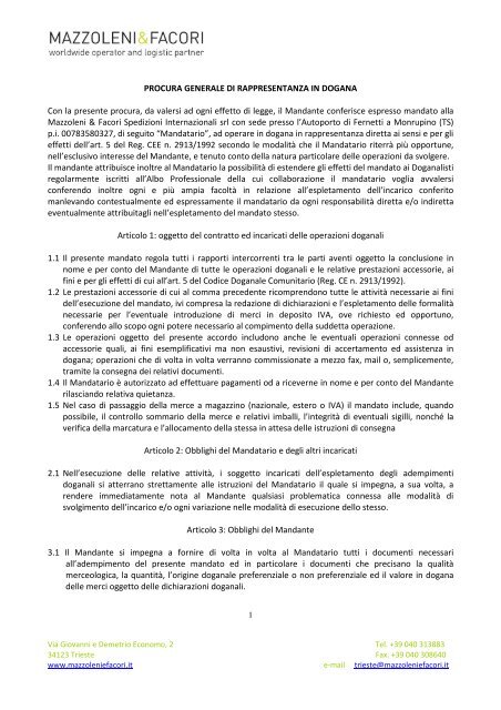 Procura Generale di Rappresentanza in Dogana - Mazzoleni & Facori