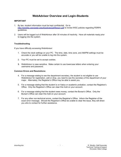 WebAdvisor Overview and Login-Students - Worcester State University