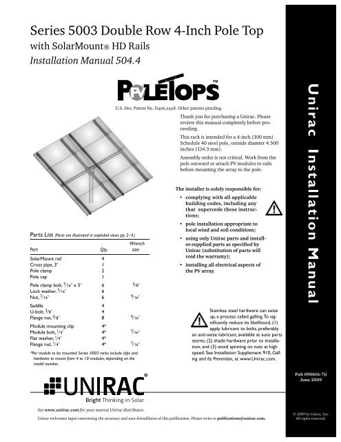 Unirac Pole Top series 5003 Data Sheet - CivicSolar