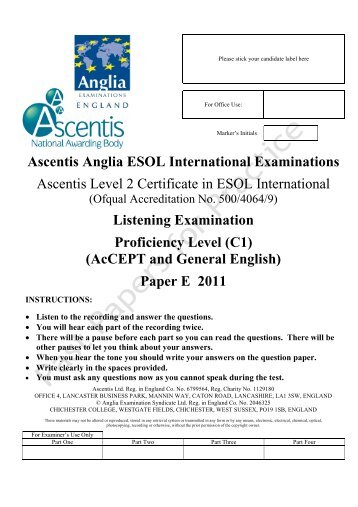 Ascentis Anglia ESOL International Examinations Ascentis Entry ...