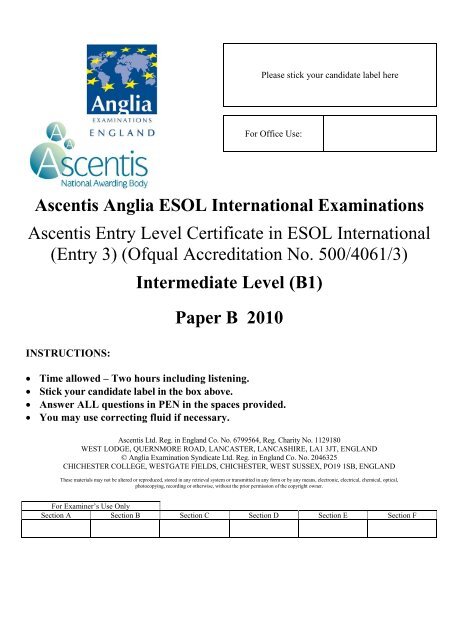 Ascentis Anglia ESOL International Examinations Ascentis Entry ...