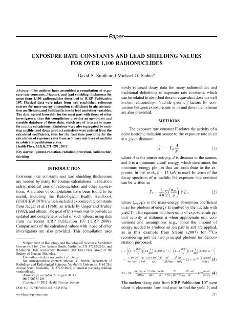 exposure rate constants and lead shielding values for - RADAR - the ...