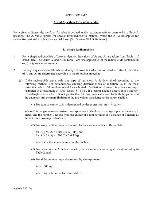 A1 and A2 Values for Radionuclides