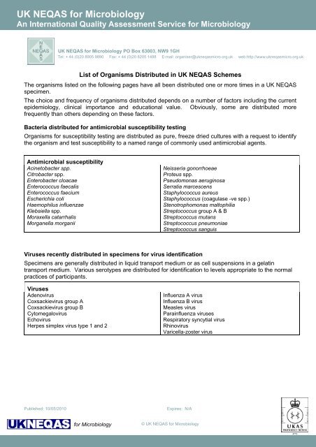 List of Organisms in Common Use in QAL - UK NEQAS for ...