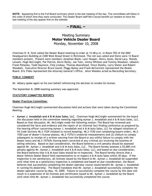 Summary - Motor Vehicle Dealer Board - Virginia