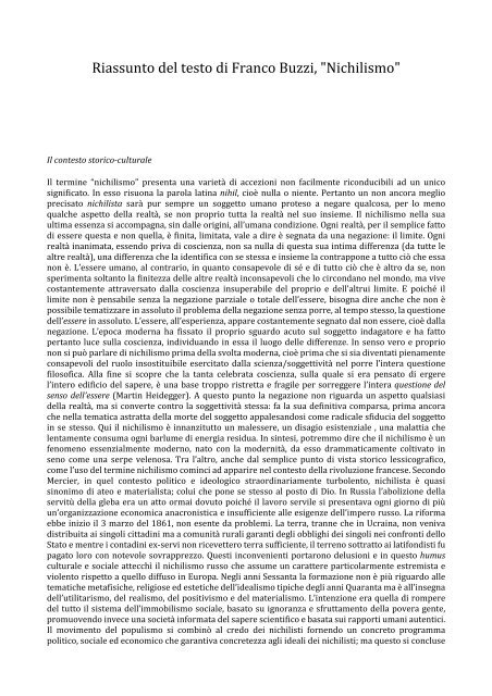 Riassunto del testo di Franco Buzzi - Il NICHILISMO - Fata Libelli