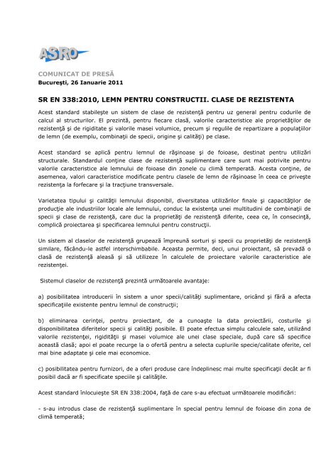 SR EN 338:2010, Lemn pentru construcţii. Clase de rezistenţă - ASRO
