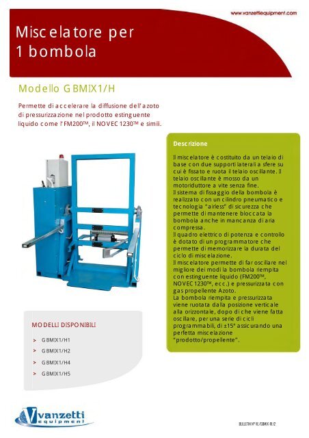Miscelatore per 1 bombola - GBMIX1H - Vanzetti Equipment