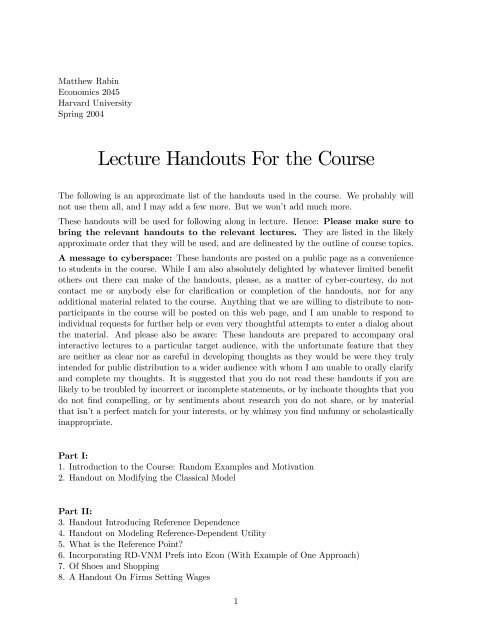 Lecture Handouts For the Course - Economists Do It With Models
