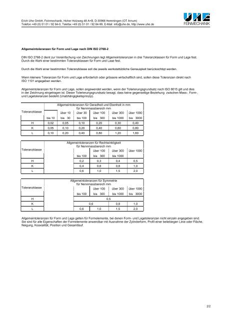 Allgemeintoleranzen nach DIN ISO 2768-1 - Uhe