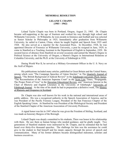 MEMORIAL RESOLUTION LELAND T. CHAPIN (1903 – 1962 ...
