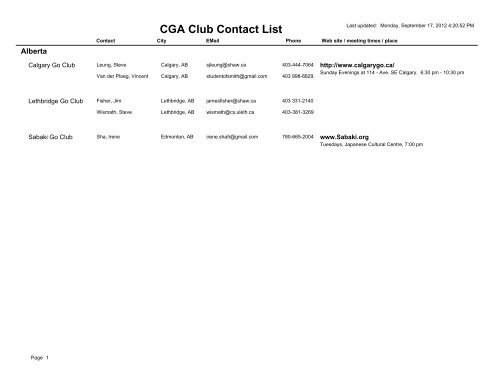 CGA Club Contact List - Canadian Go Association