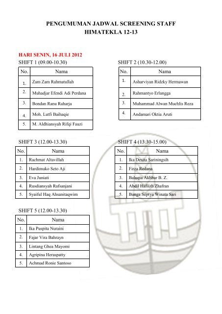 pengumuman jadwal screening staff himatekla 1213