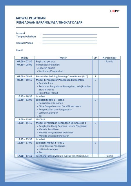jadwal pelatihan pengadaan barang/jasa tingkat dasar - LKPP jadwal pelatihan pengadaan barang/jasa tingkat dasar - LKPP