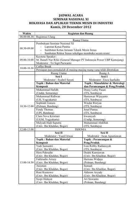 JADWAL ACARA SEMINAR NASIONAL XI REKAYASA DAN ... - Itenas