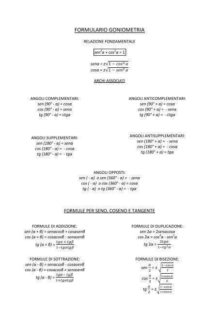 Formulario - Goniometria e Trigonometria - Matematicando.org