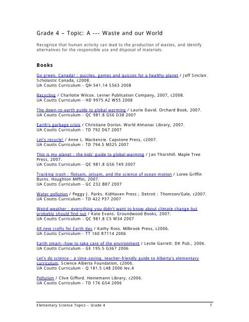 Grade 4 – Topic: A --- Waste and our World - University of Alberta ...