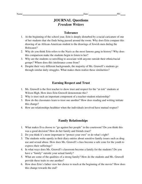 JOURNAL Questions Freedom Writers - Deerlake Middle School