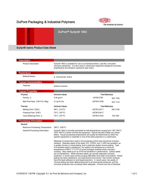 Surlyn® 1802 Datasheet - DuPont
