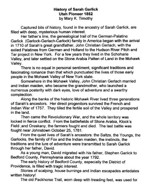 History of Sarah Garlick Utah Pioneer 1852 - Jacob Strong Family