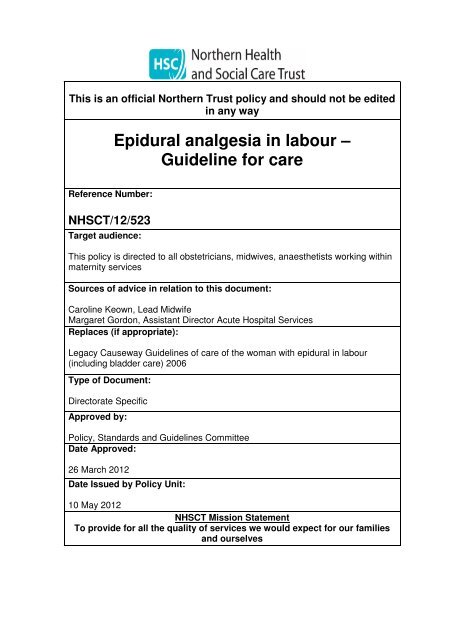Epidural Analgesia In Labour Guideline For Care Northern Health
