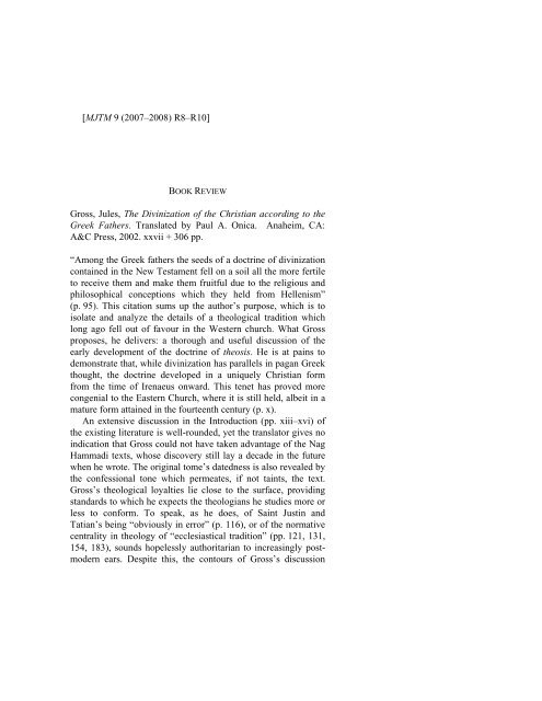 Gross, Jules, The Divinization of the Christian according to the ...