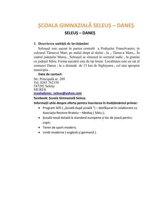 ȘCOALA GIMNAZIALĂ SELEUȘ – DANEȘ