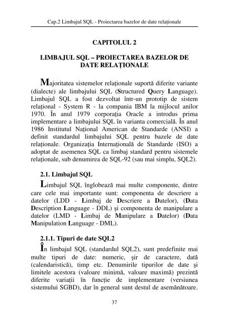 CAPITOLUL 2 LIMBAJUL SQL – PROIECTAREA BAZELOR DE ...