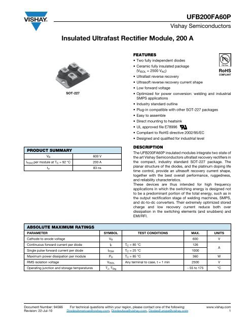 Insulated Ultrafast Rectifier Module, 200 A UFB200FA60P