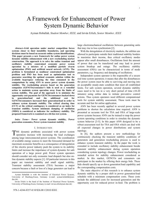 A Framework for Enhancement of Power System Dynamic Behavior