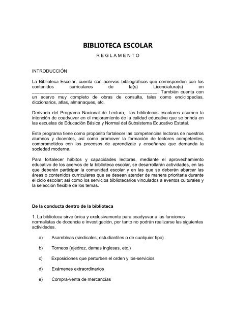 Reglamento de la Biblioteca Escolar