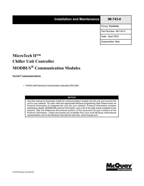Microtech Ii™ Chiller Unit Controller Modbus Communication