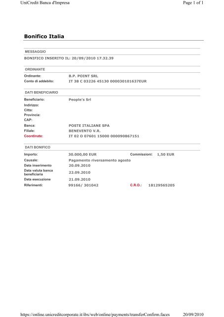 Bonifico - Conferma Esito