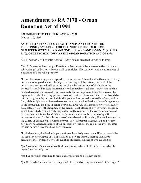 Amendment to RA 7170 - Organ Donation Act of 1991. Philippines ...