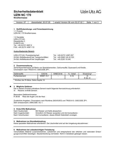 Sicherheitsdatenblatt UZIN NC 170 - Uzin Utz AG