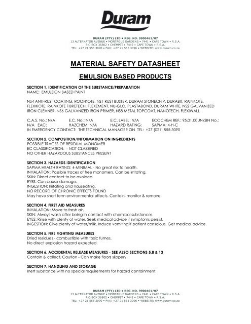Material Safety Sheet - Duram
