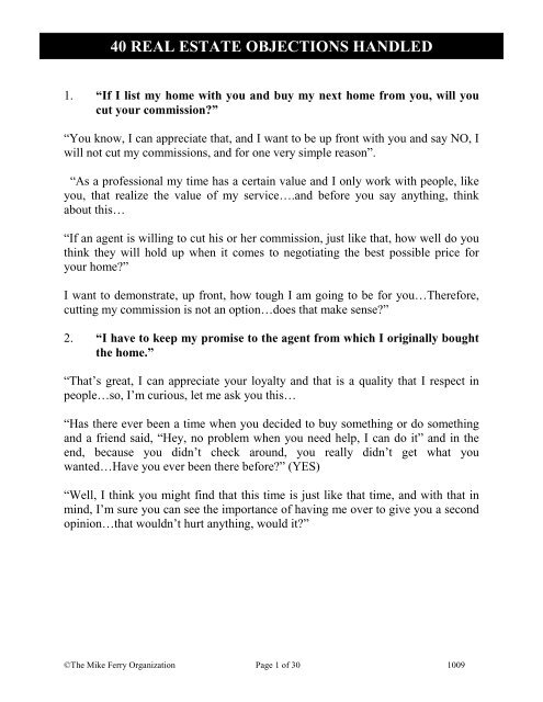 40 Real Estate Objections Handled - The Mike Ferry Organization