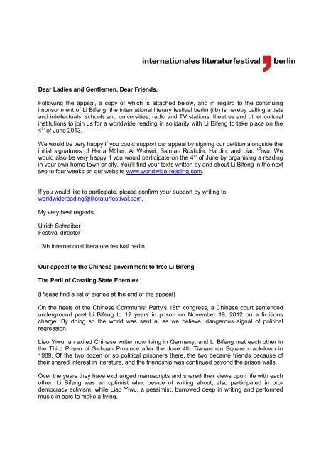 Dear Ladies and Gentlemen, Dear Friends, Following the appeal, a ...