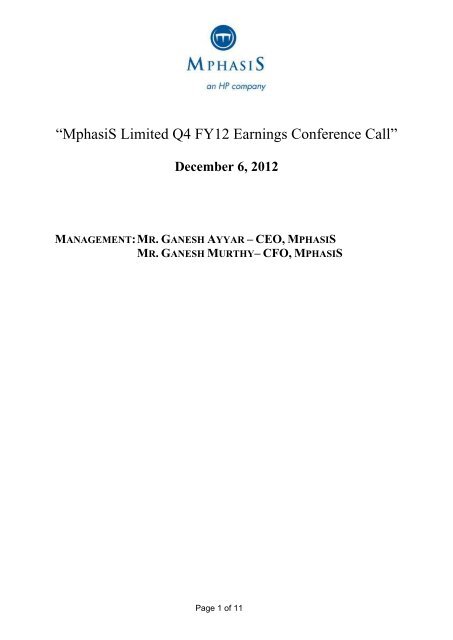 Transcript of Earnings Call - MphasiS