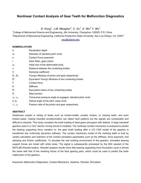 Nonlinear Contact Analysis of Gear Teeth for Malfunction Diagnostics