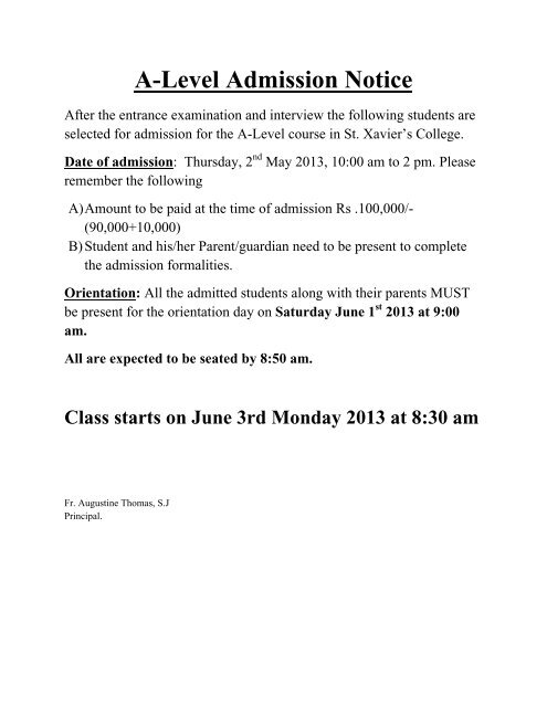 A-Level Admission Notice - St. Xavier's College Nepal A-Level Admission Notice - St. Xavier's College Nepal