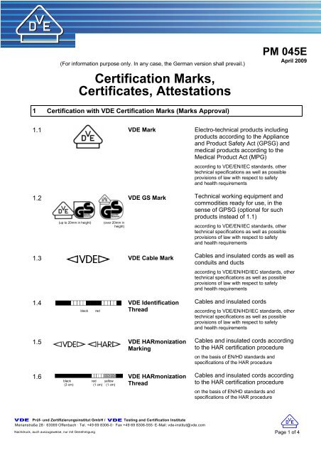 Certification Marks, Certificates, Attestations - PM045e (April ... - VDE
