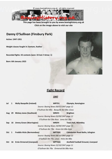 Fight Record Danny O'Sullivan (Finsbury Park) - Boxinghistory.org.uk