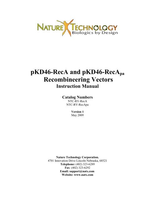 pKD46-RecA - Nature Technology Corporation