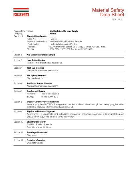 Name of the Product : Non Sterile Uricol for Urine Sample ... - himedia
