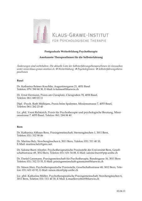 Liste SelbsterfahrungstherapeutInnen PSY - Klaus-Grawe-Institut für ...
