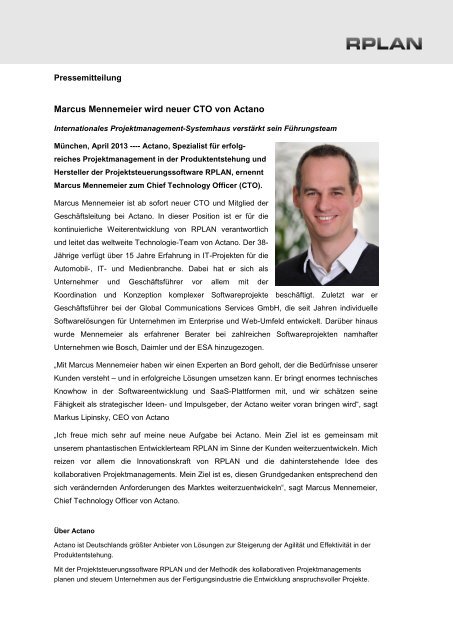 Marcus Mennemeier wird neuer CTO von Actano - RPlan