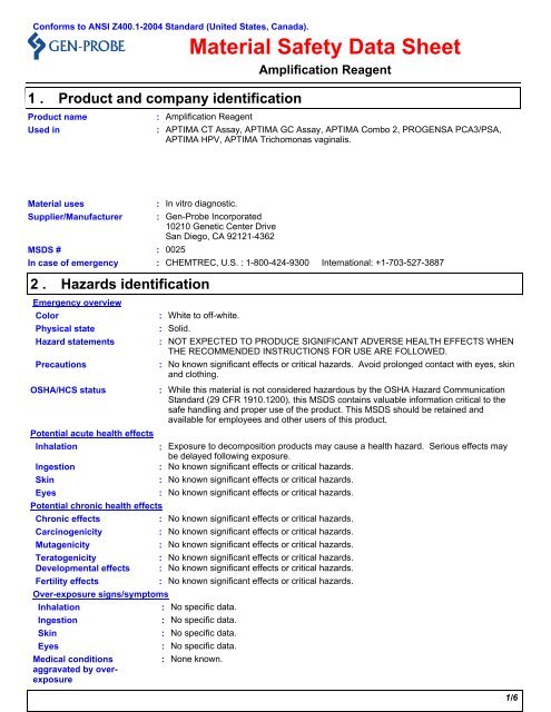 Material Safety Data Sheet - Gen-Probe, Inc.