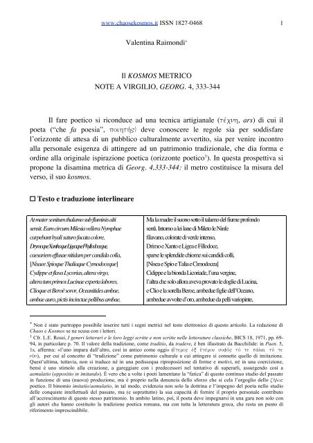 Valentina Raimondi* Il KOSMOS METRICO ... - Chaos e Kosmos