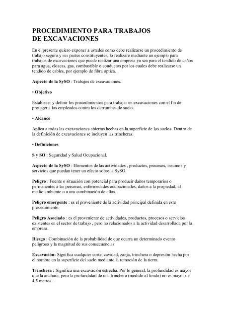 procedimiento para trabajos de excavaciones - Seguridad en ...